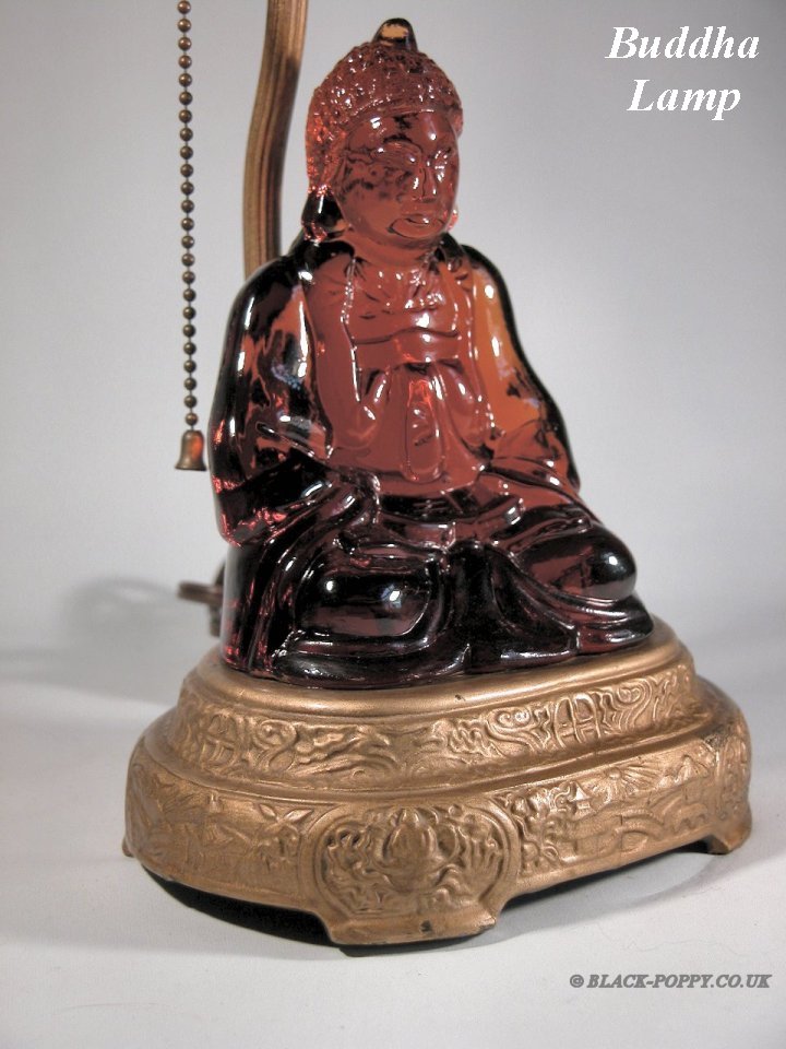 Cambridge Glass Buddha in Amber & Lamp Base late 1920s | Black-Poppy